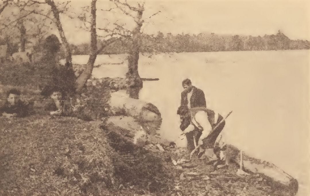 Pamunkey men digging clay on the river bank for pottery making. This is ...