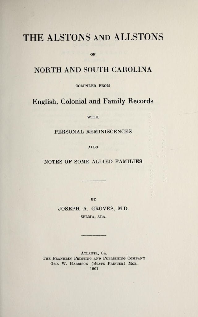The Alstons and Allstons of North and South Carolina – Access Genealogy